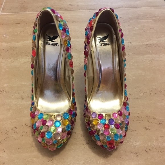 Shiekh | Shoes | Multi Color Beaded Rhinestone Metallic Heels | Poshmark